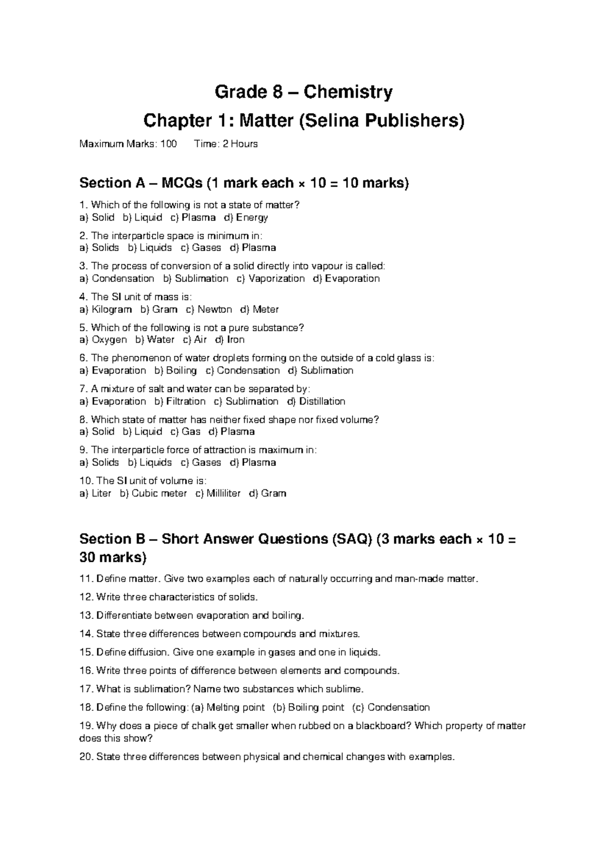 Grade 8 Chemistry Chapter 1: Matter Exam (Selina Publishers) - Studocu