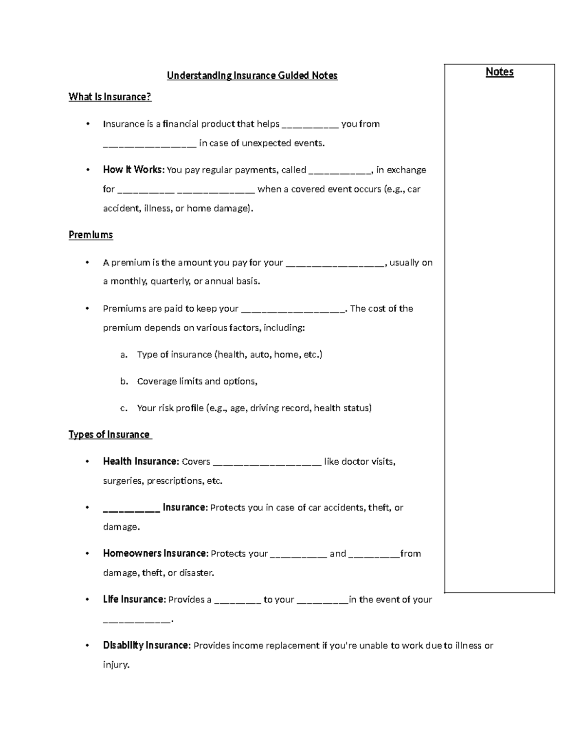 Understanding Insurance: Guided Notes for Financial Literacy - Studocu