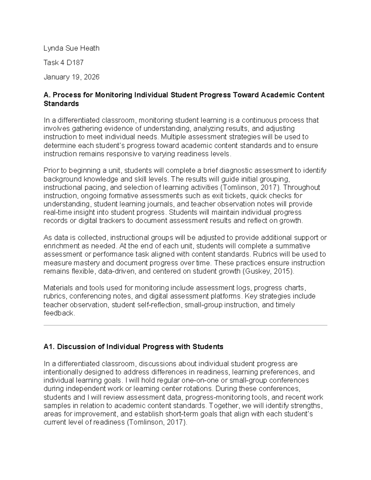 Task 4 D187 - Monitoring Student Progress in Differentiated Classrooms ...
