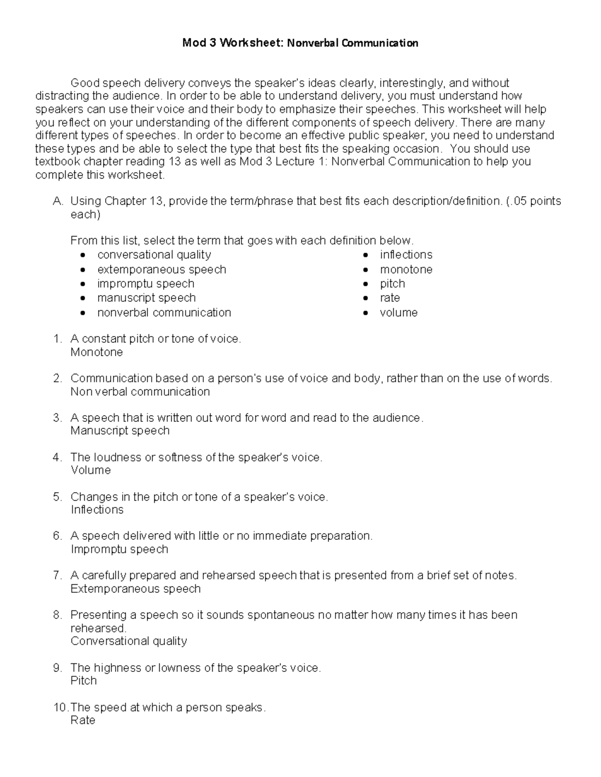 Mod 3 Worksheet: Understanding Nonverbal Communication - Studocu