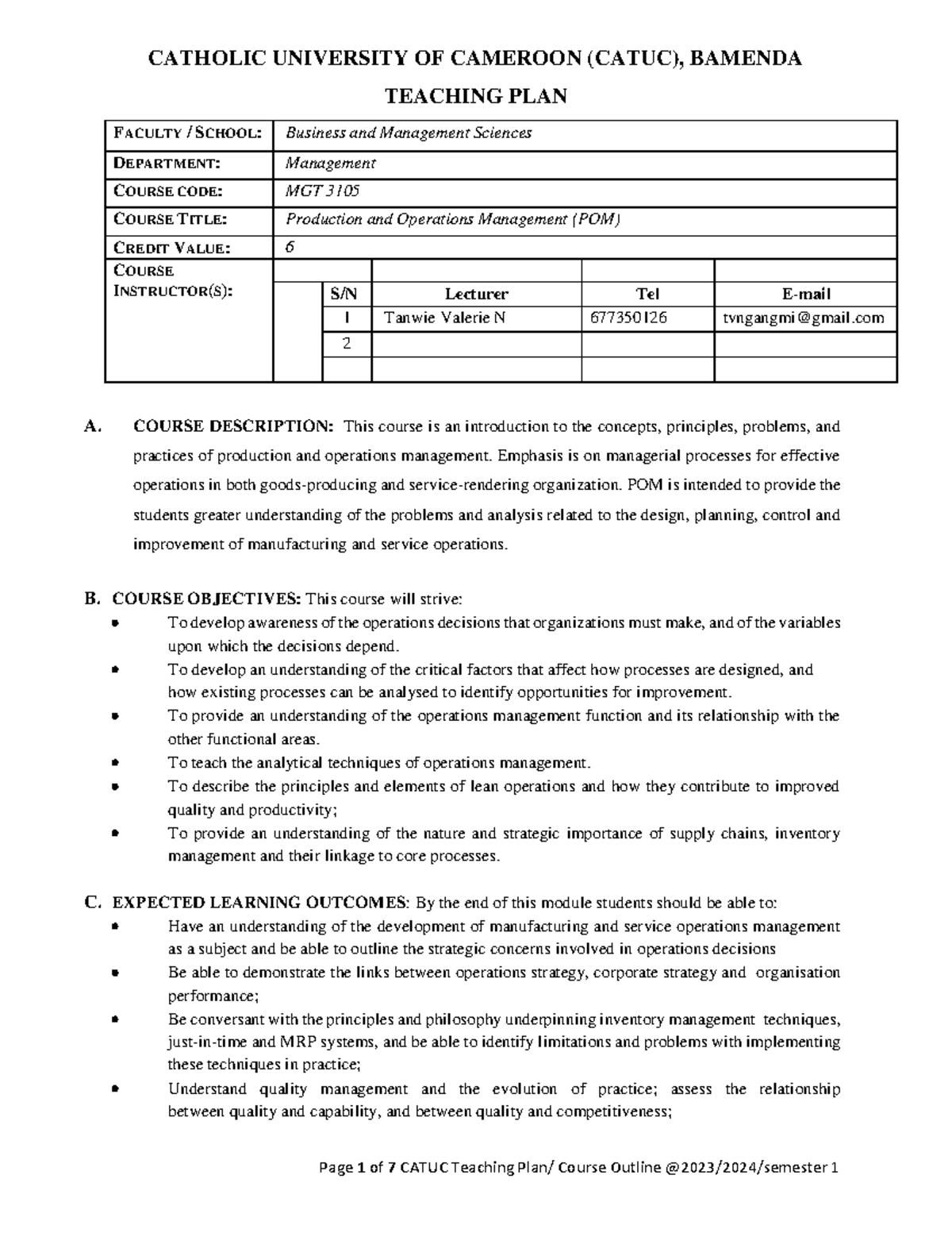 Operations strategy - CATHOLIC UNIVERSITY OF CAMEROON (CATUC), BAMENDA ...
