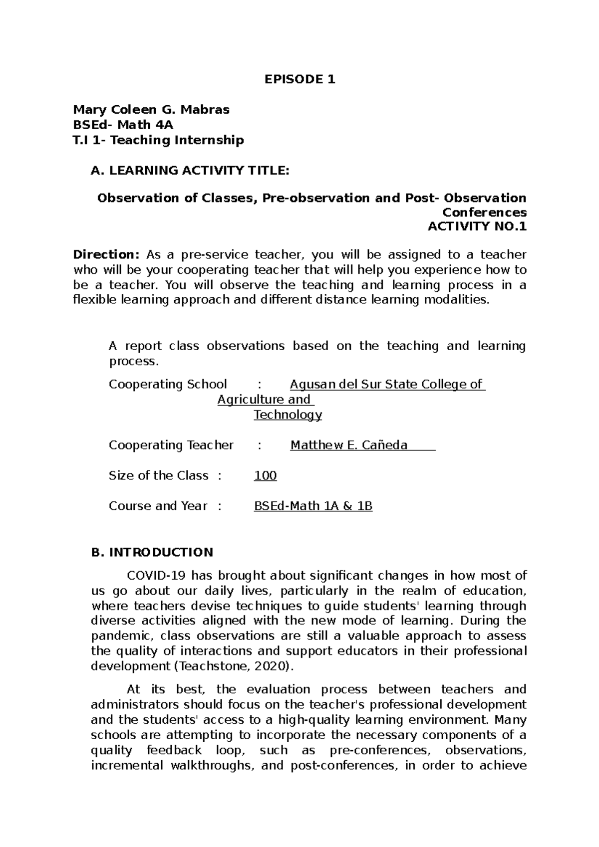 Module T.I 1 - Episode 1: Teaching Internship Observations and ...