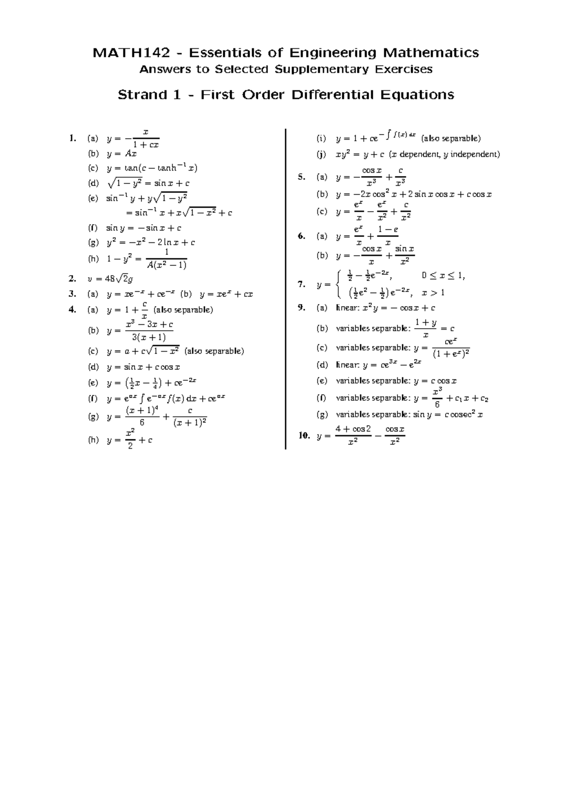 MATH142 Final Exam Answers for First Order DEs - Studocu