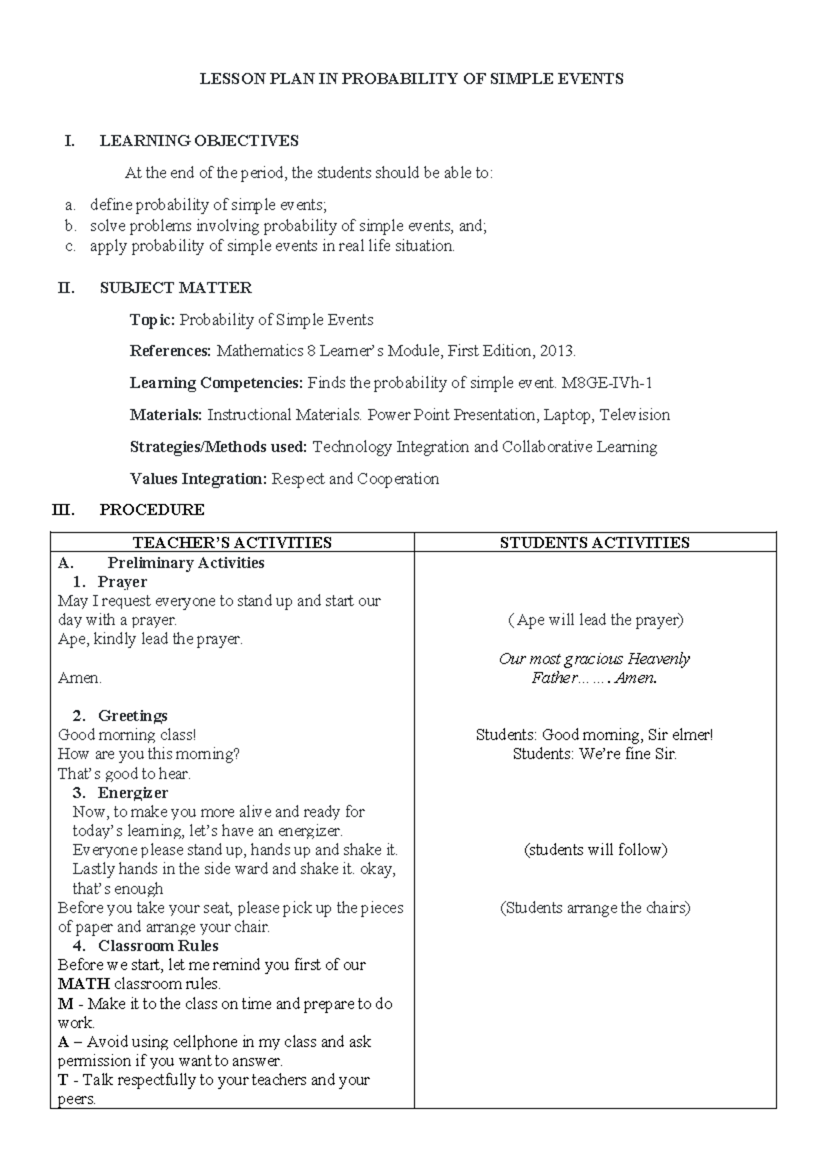 Lesson Plan: Probability of Simple Events (Math 8) - Studocu