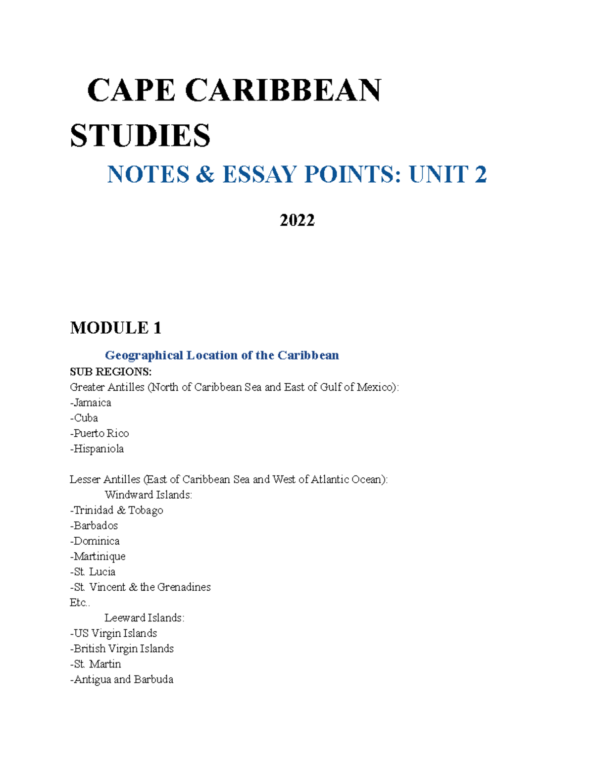 CAPE Caribbean Studies Unit 2 Notes & Essay Points Overview 2022 - Studocu