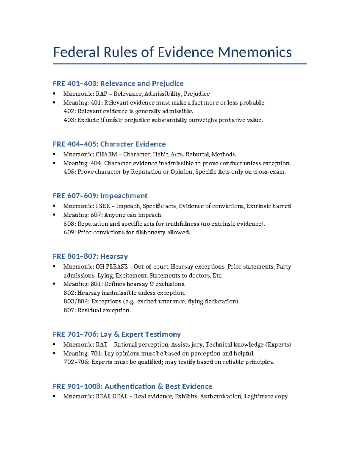 FRE Mnemonics Guide: Relevance, Character, Hearsay & Testimony - Studocu