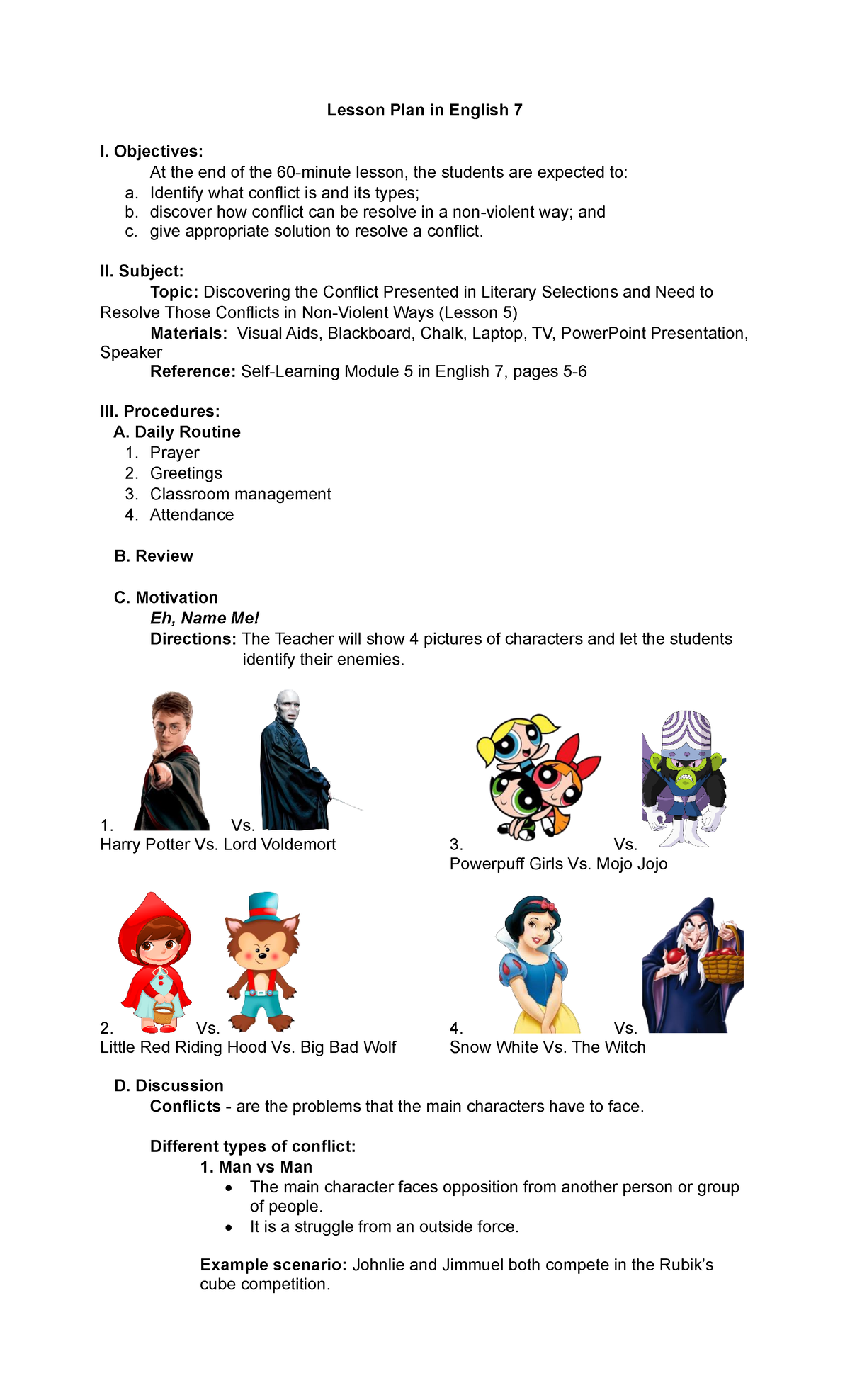 Lesson Plan: Understanding Conflict in Literature for English 7 - Studocu
