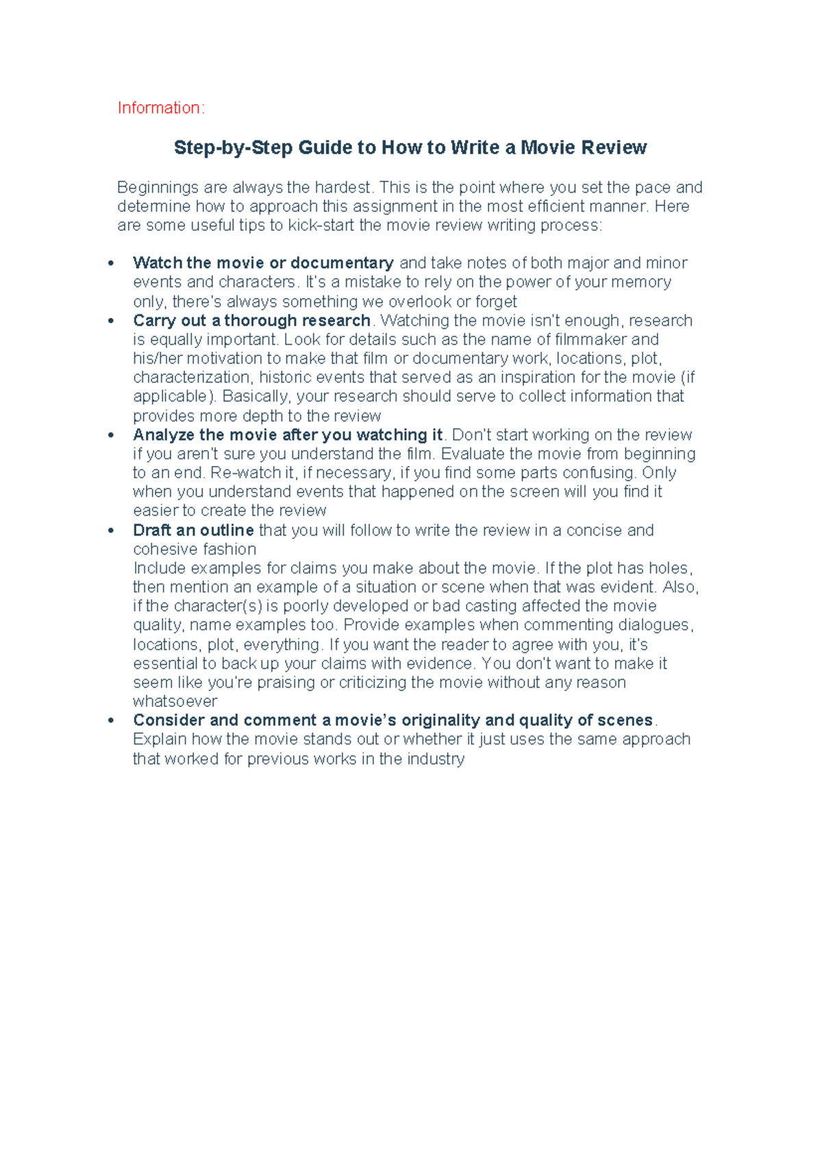 Information and instructions Movie Review - Information: Step-by-Step ...