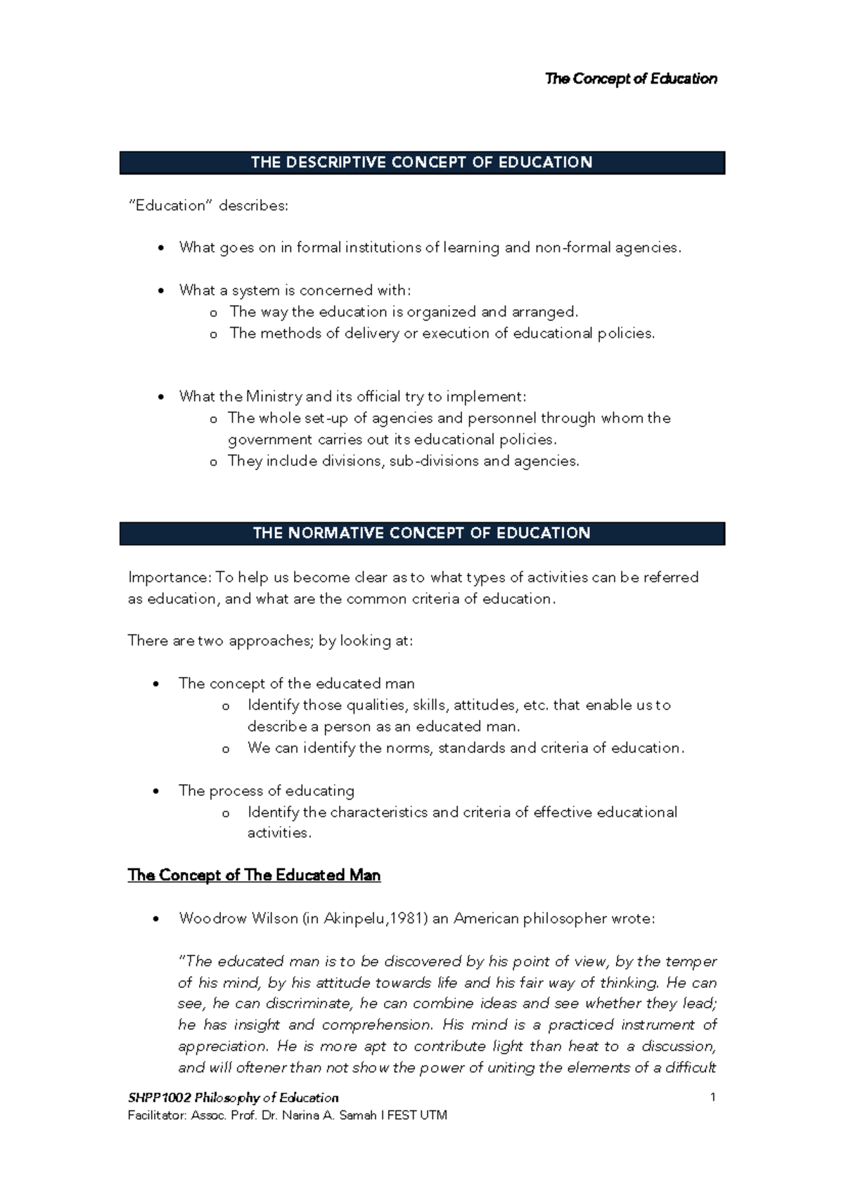 SHPP1002 Class Notes: Understanding the Concept of Education - Studocu
