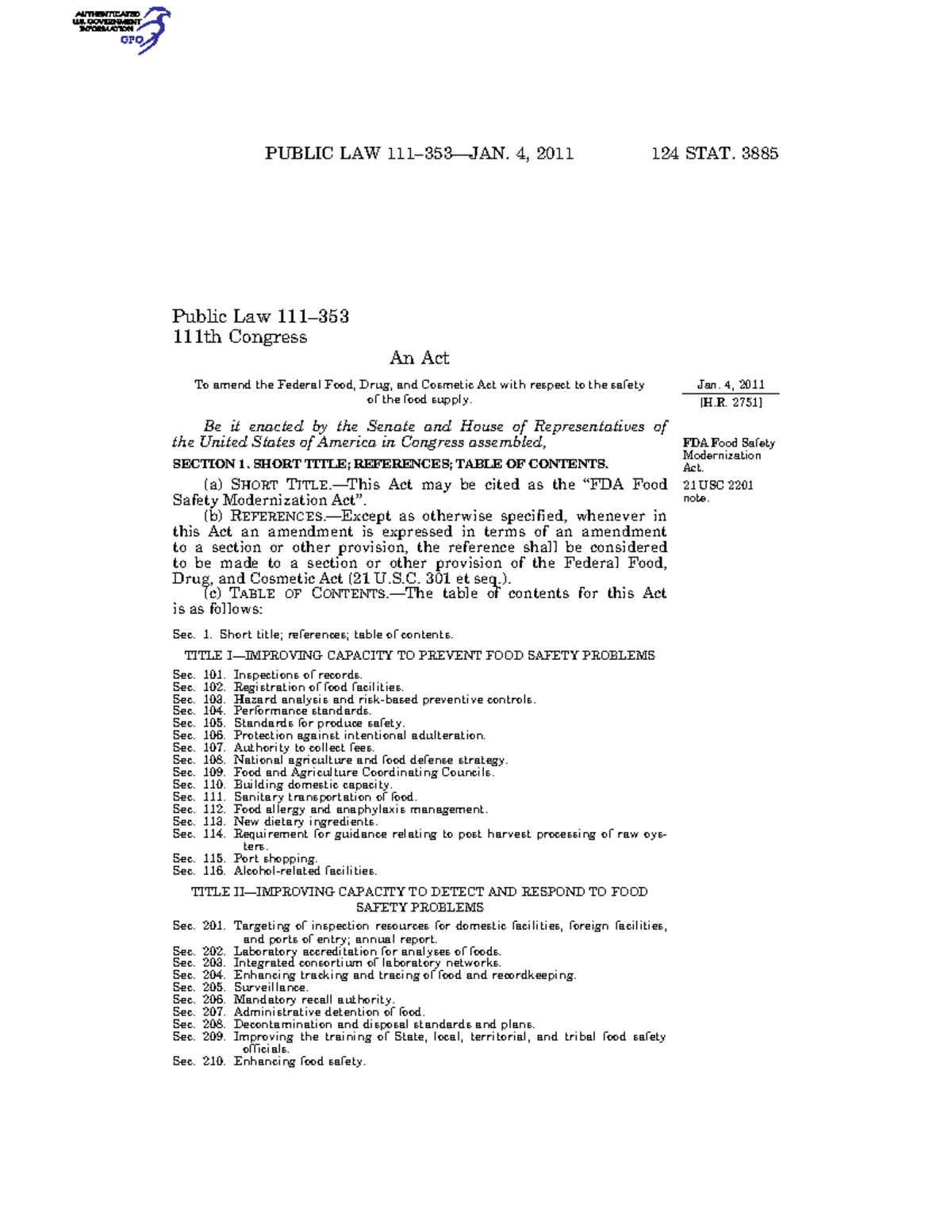 FDA Food Safety Modernization Act: Public Law 4, 2011 Overview - Studocu