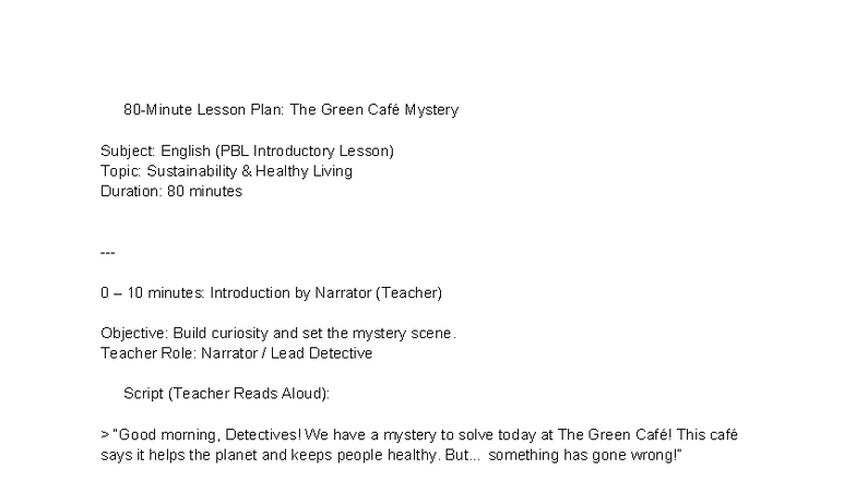 🌿 80-Minute Lesson Plan- The Green Café Mystery - 🌿80-Minute Lesson ...
