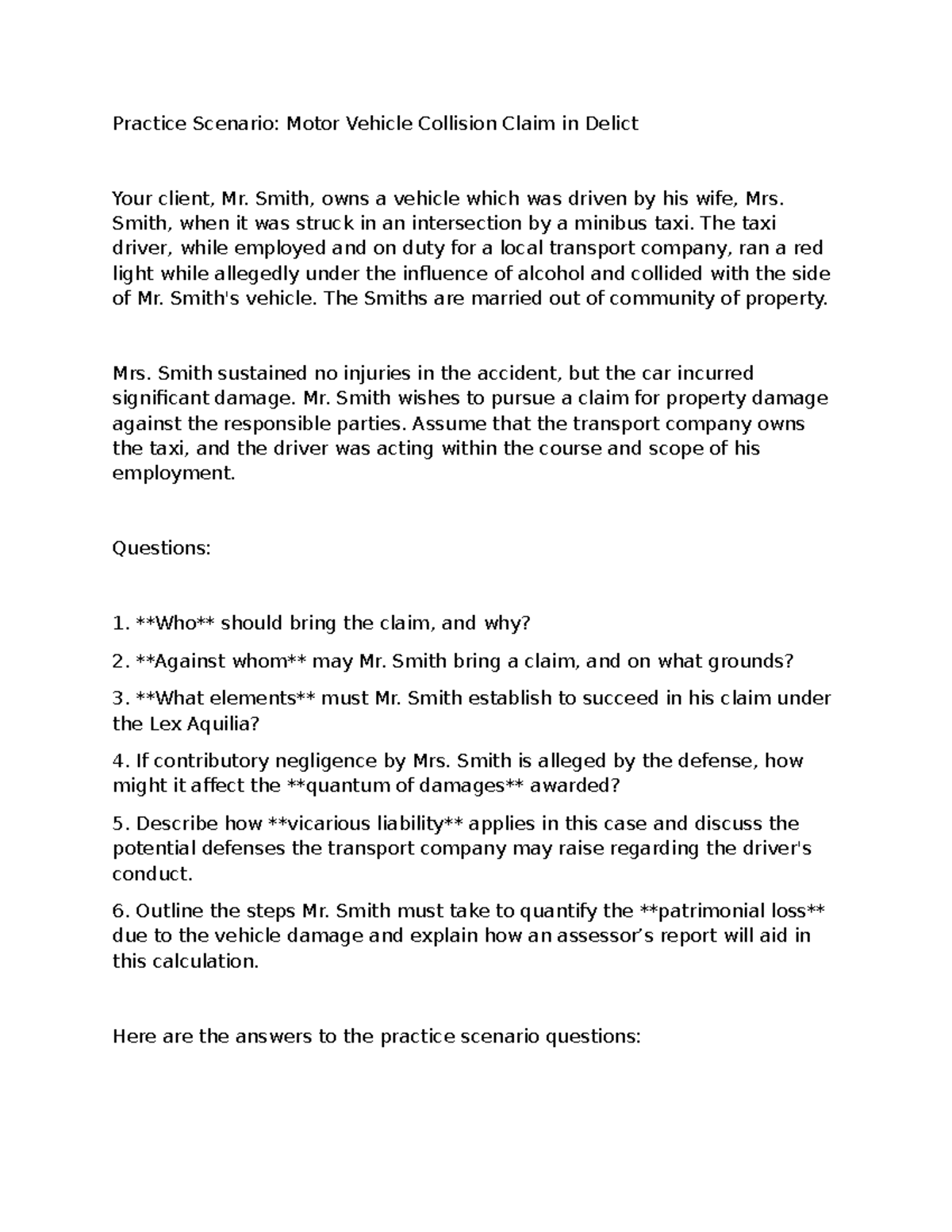 Law of Delict: Practice Scenario on Motor Vehicle Collision Claim - Studocu