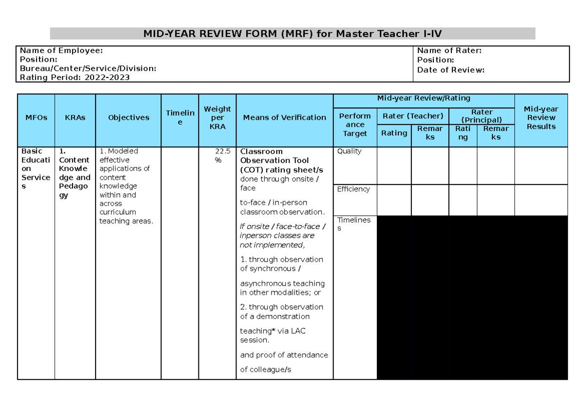 MRF-for-MT - MRF for master teacher - MID-YEAR REVIEW FORM (MRF) for Master Teacher I-IV Name of ...