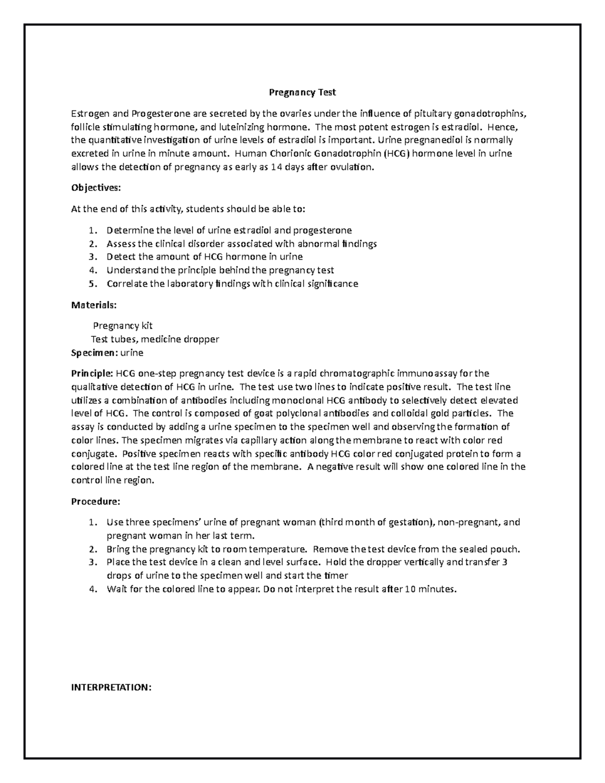 Pregnancy Test Kit: Principle and Result Interpretation Guide - Studocu