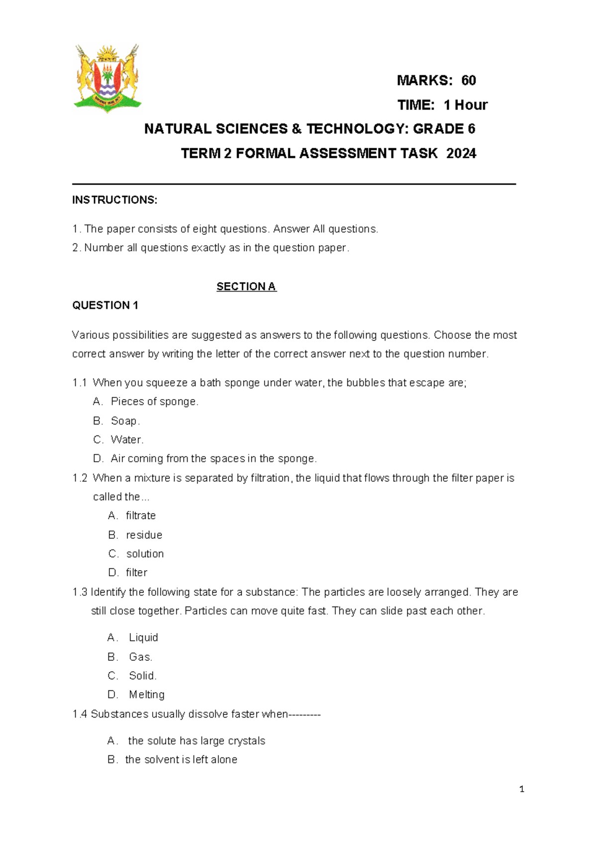 Grade 6 Natural Sciences & Technology Term 2 Assessment 2024 - Studocu