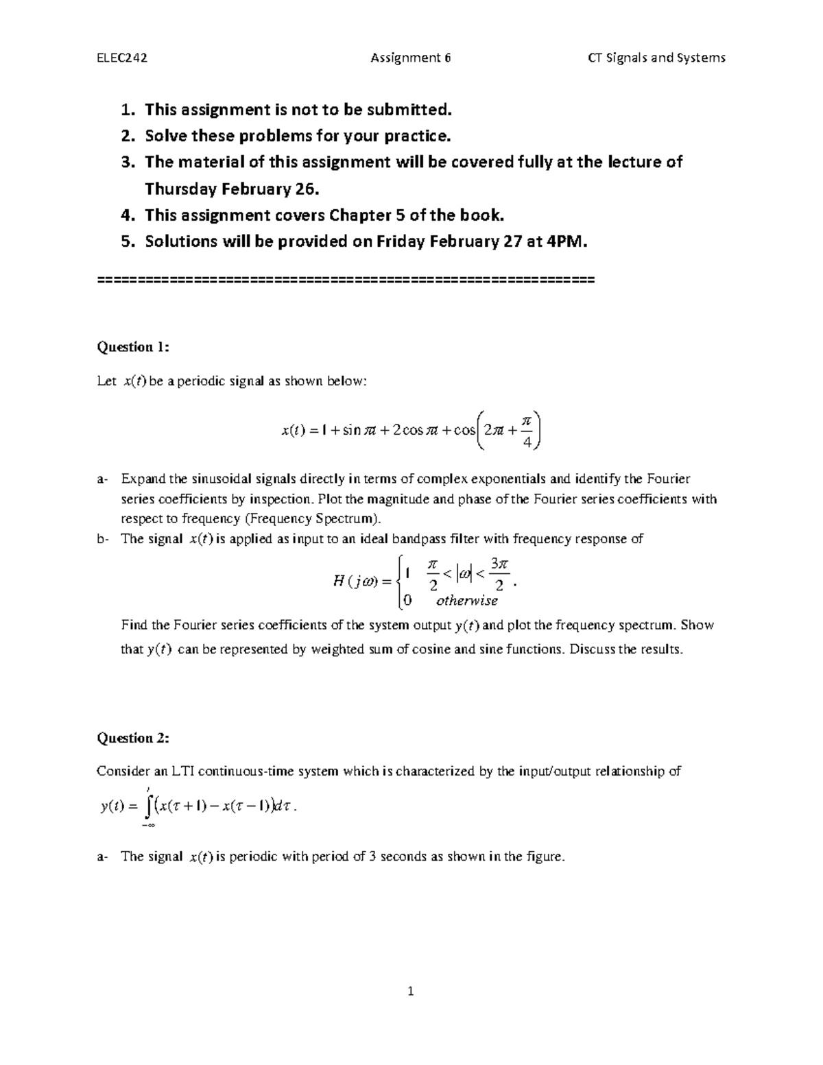 ELEC242 Assignment 6: CT Signals & Systems Practice Problems - Studocu