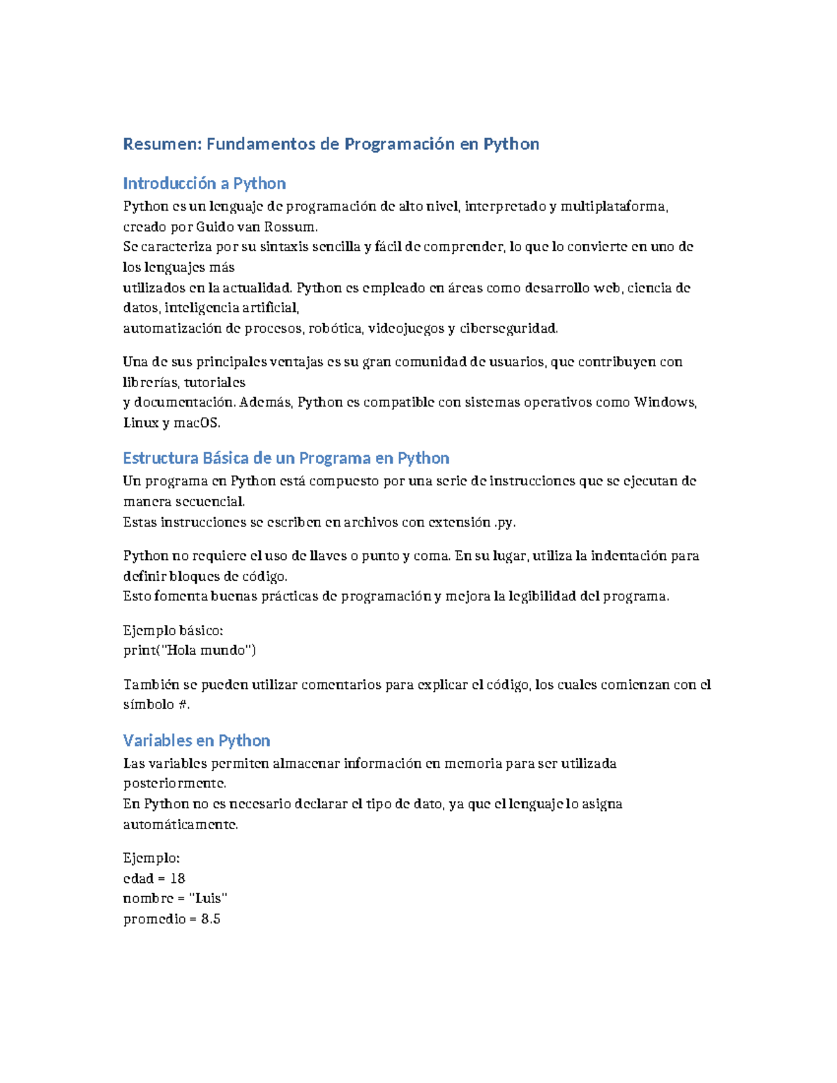 Resumen: Fundamentos de Programación en Python (PYTHON101) - Studocu