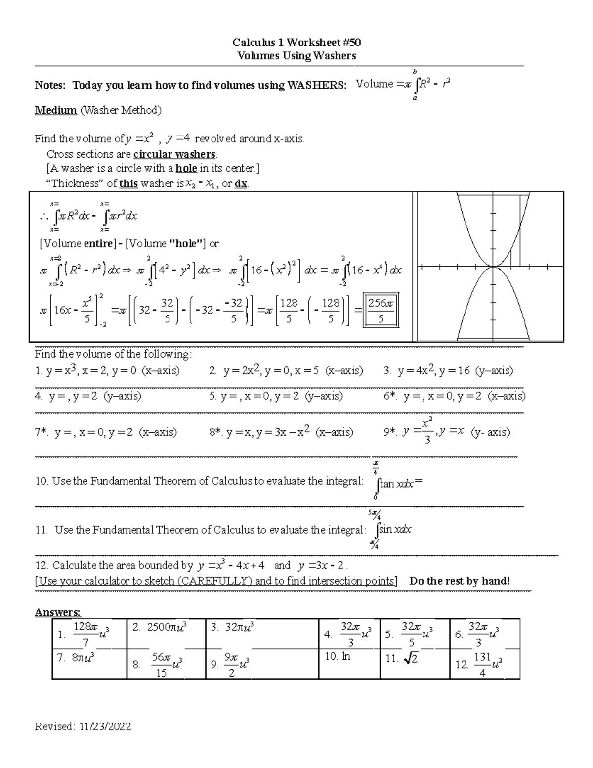 AB ws 050 Volumes Washers - Calculus 1 Worksheet Volumes Using Washers ...