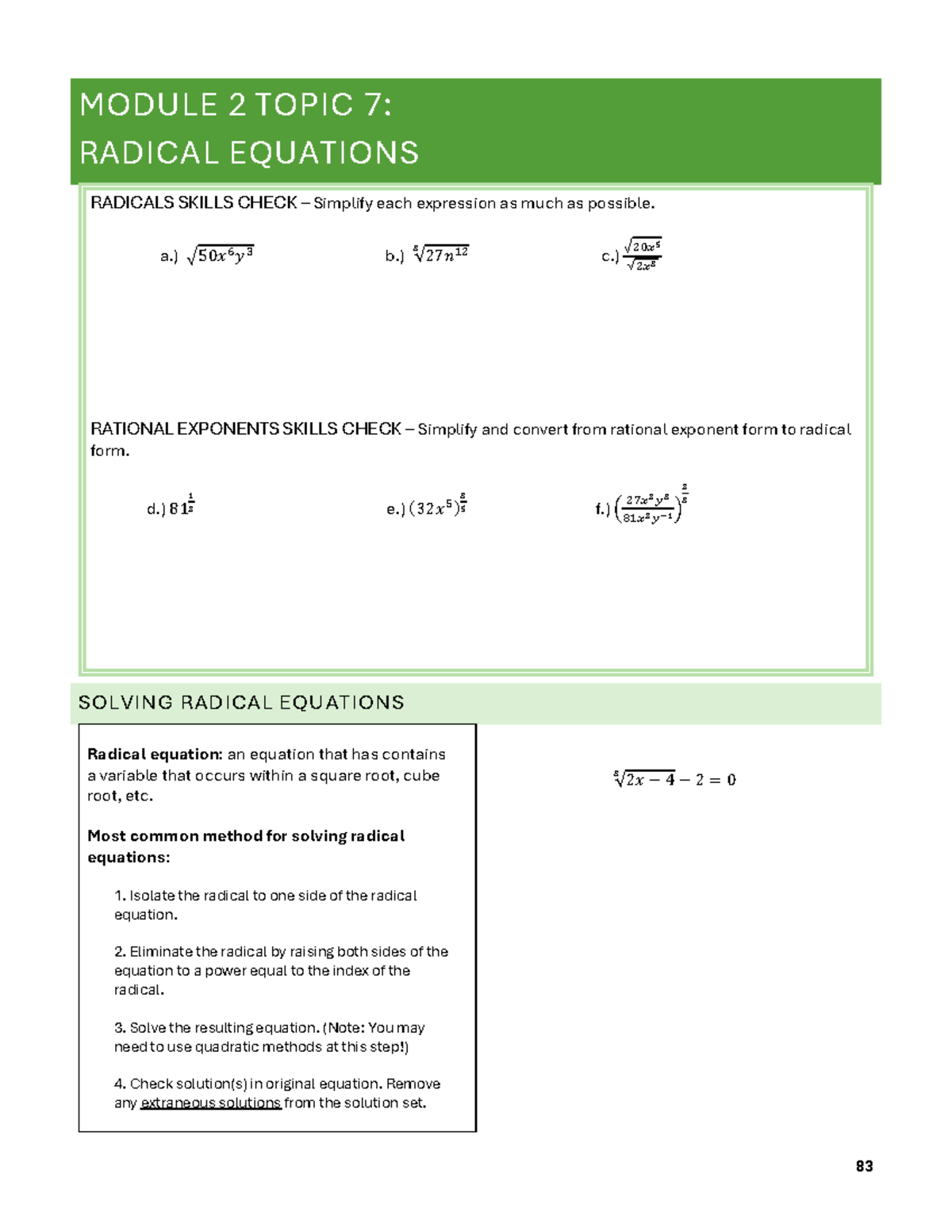 Solving Radical Equations: Skills Check for Module 2 Topic 7 - Studocu