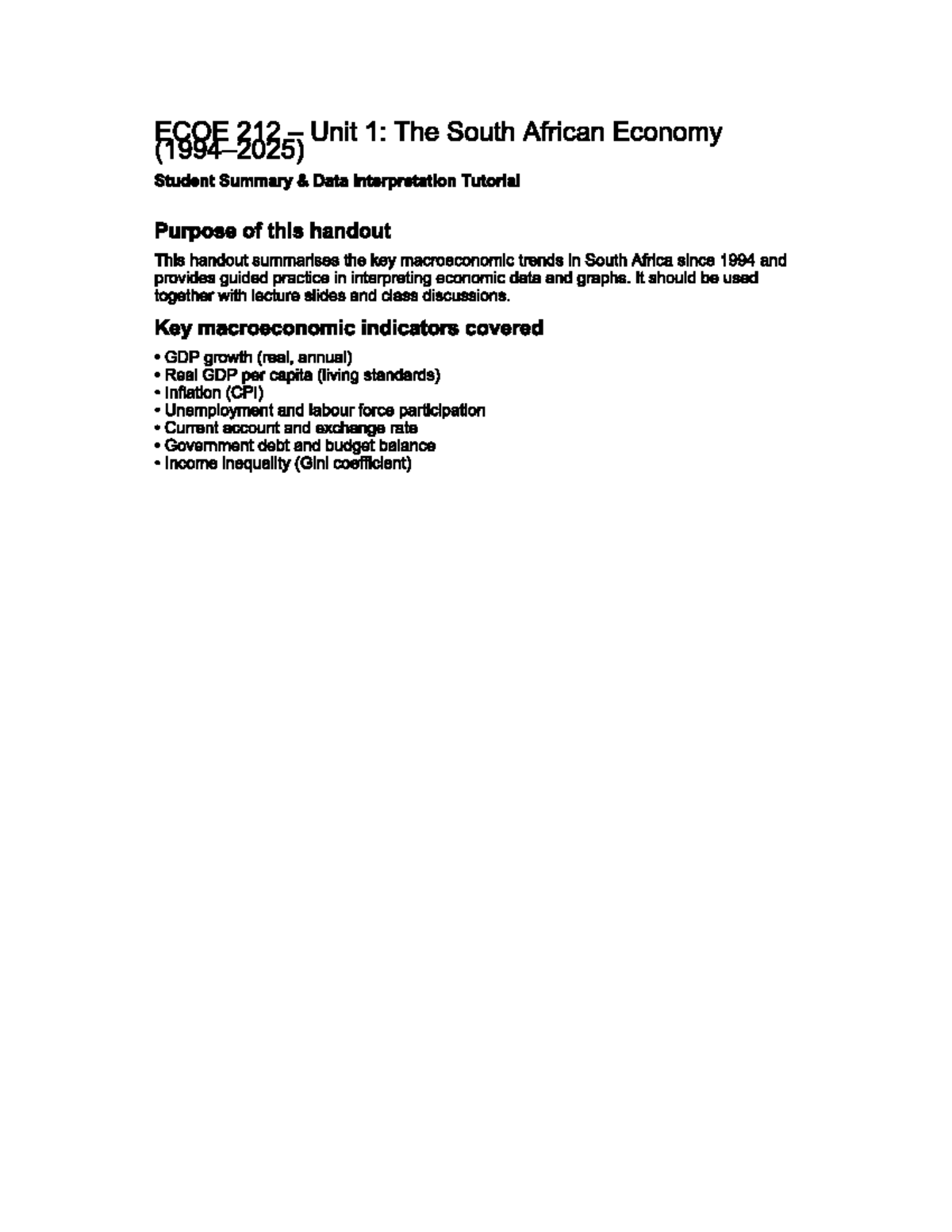 ECOE 212 Unit 1: Summary of South African Economic Trends and Data ...