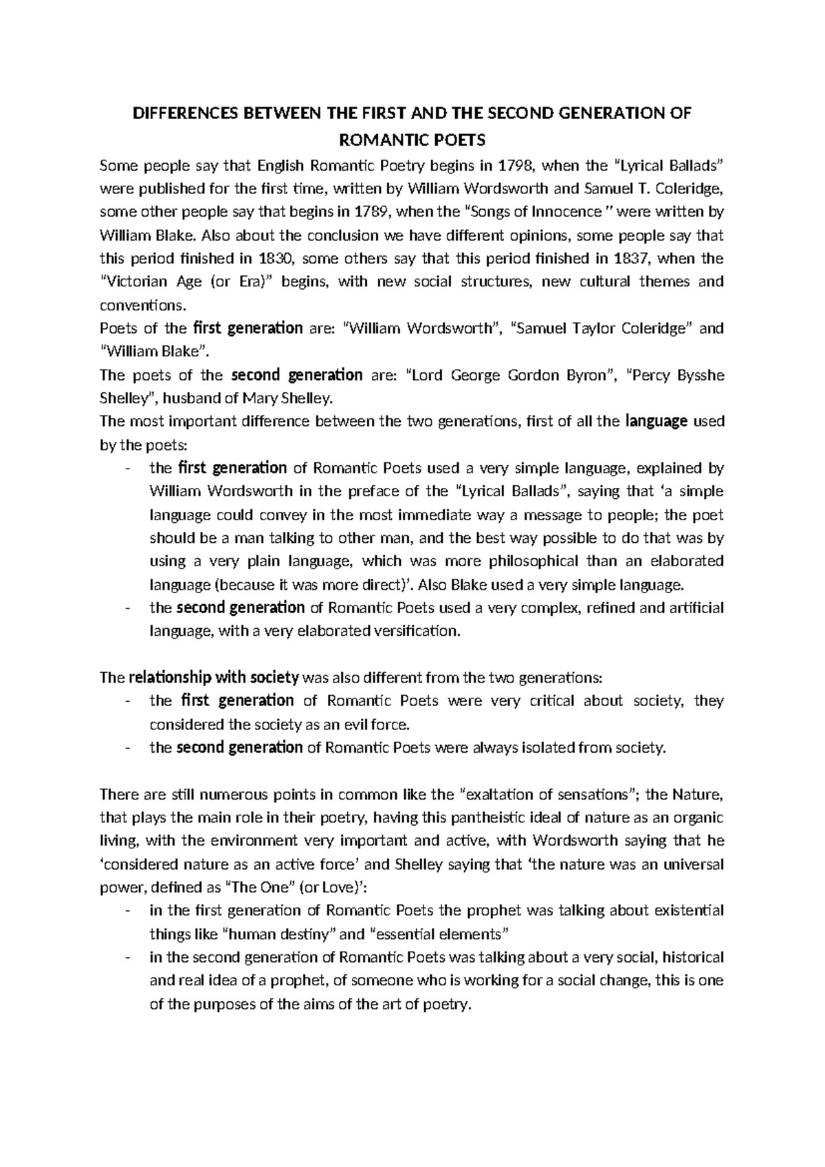 Differences Between the 1st & 2nd Generation of Romantic Poets - Studocu