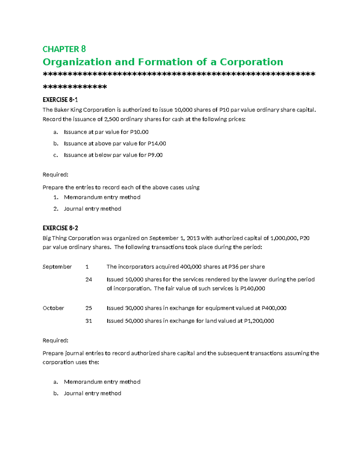 Quiz No. 8: Organization and Formation of a Corporation - CH 8 - Studocu