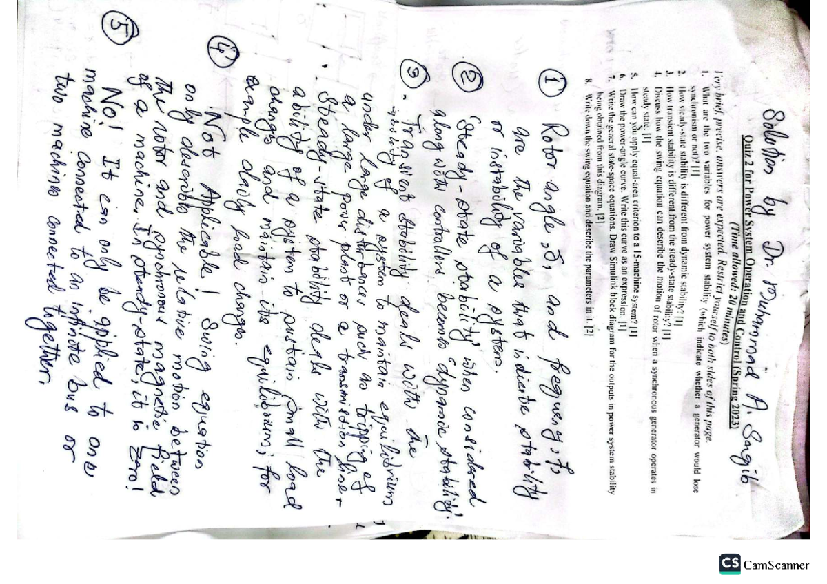 Solution Quiz 2 for CS Power System Operation & Control (Spring A 2023 ...