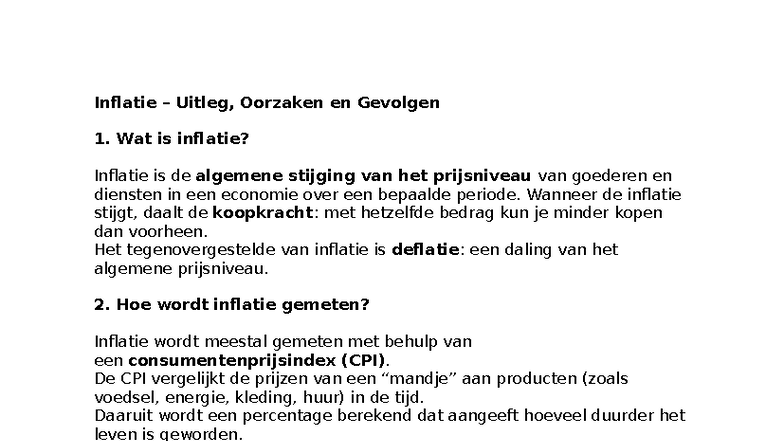 Inflatie – Uitleg, Oorzaken en Gevolgen van de Economie - Studocu