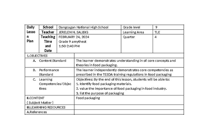 Daily Lesson Plan in TLE 9: Food Packaging (Quarter 4) - Studocu