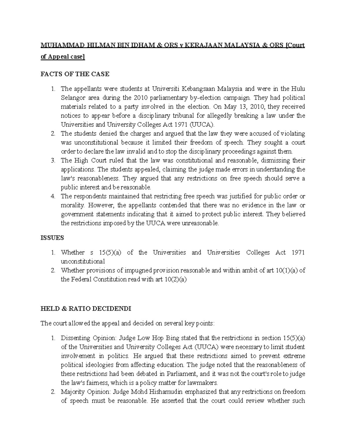 Notes Cases Consti 1 - MUHAMMAD HILMAN BIN IDHAM & ORS v KERAJAAN ...