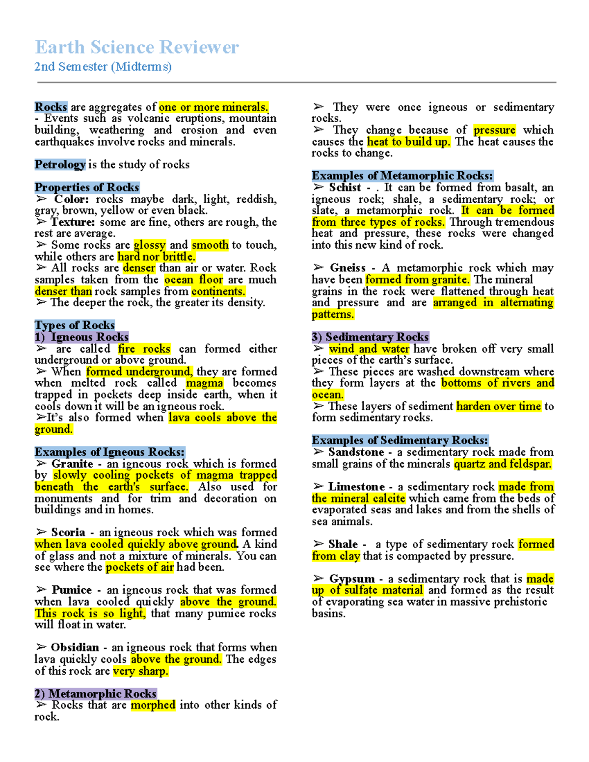 Midterm Reviewer for Earth Science: Rocks and Minerals Basics - Studocu