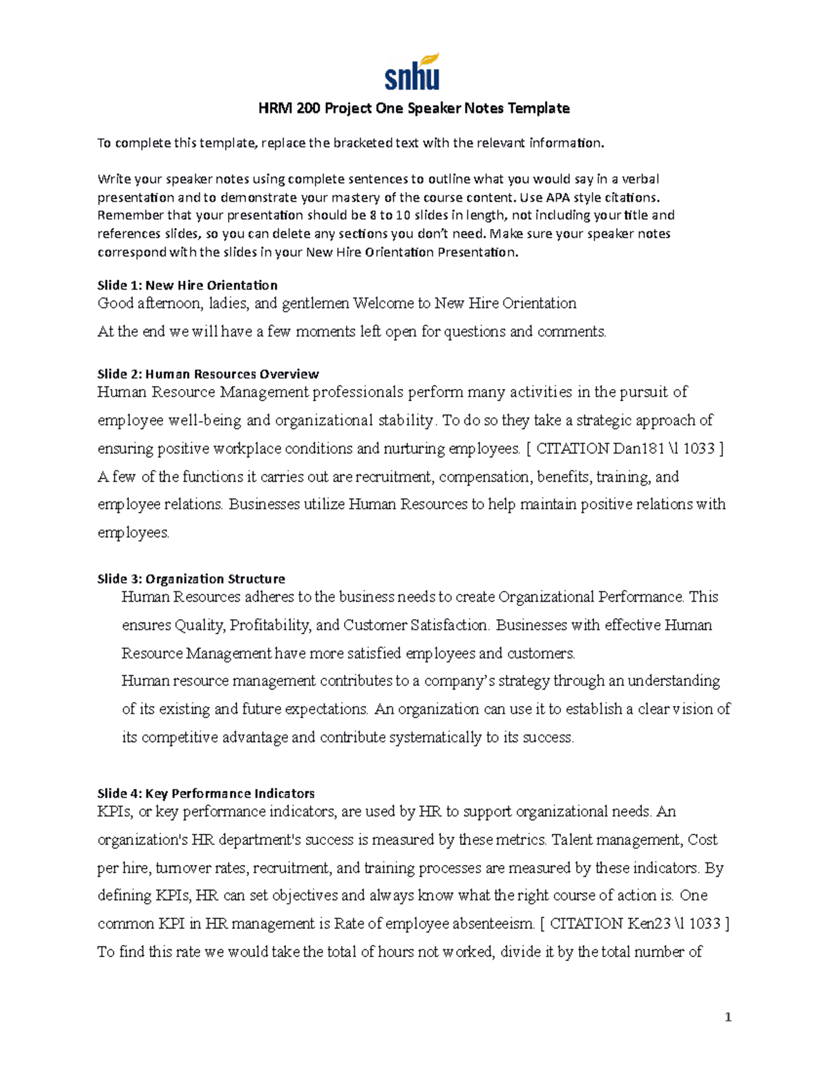 HRM 200 Project One Speaker Notes Template - Write your speaker notes ...