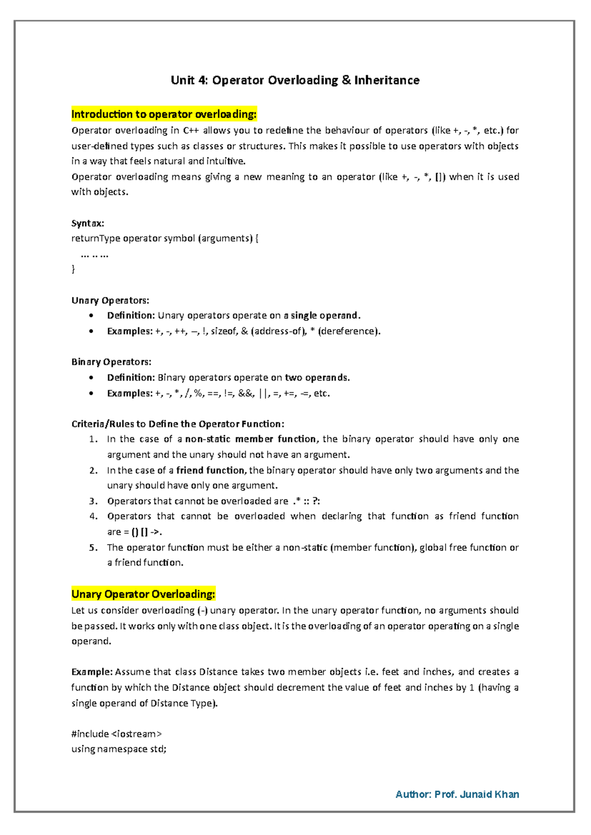 BCA CPP Unit 04: Operator Overloading & Inheritance Overview - Studocu