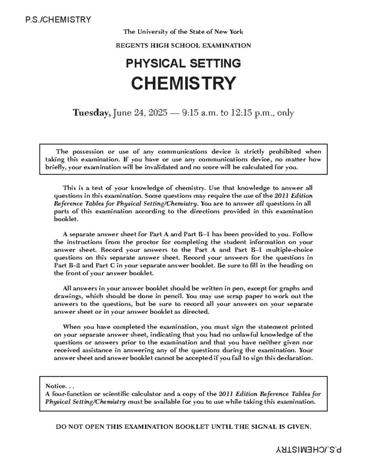Chem-62025: Regents High School Chemistry Exam - June 2025 - Studocu