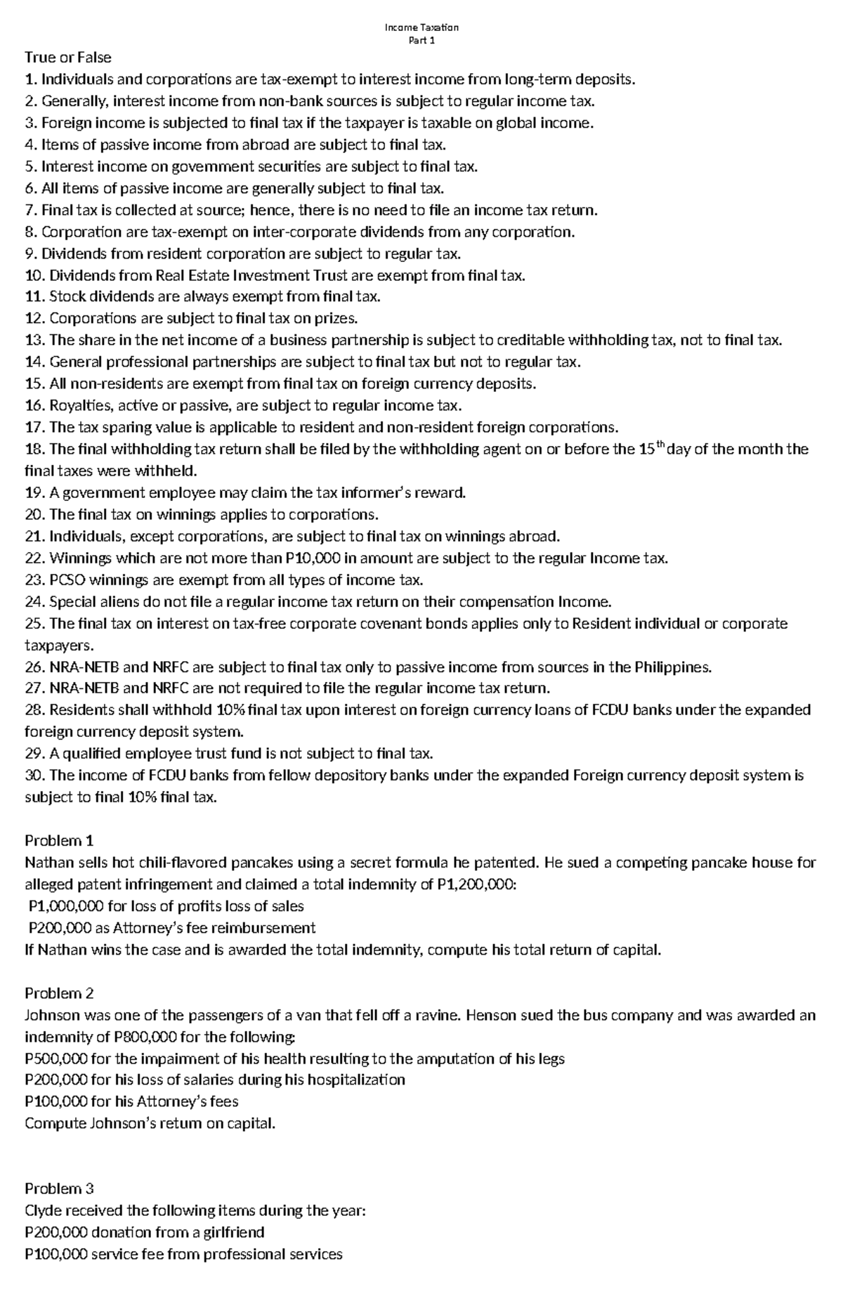 Income Taxation Part 1: True or False Questions and Problems - Studocu