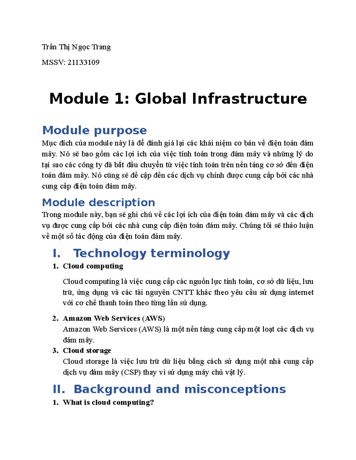 AWS Academy Introduction to Cloud: Semester 1, Week1 Module 1,2,3 - Trần Thị Ngọc Trang MSSV ...