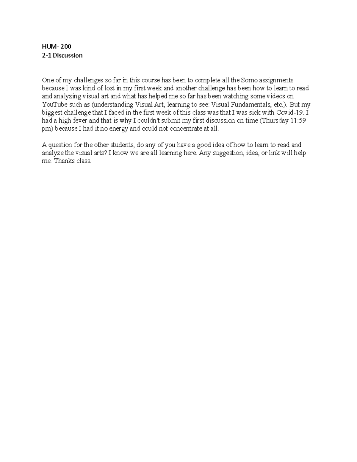 Maria B-HUM- 200 2-1 Discussion - 200 Discussion One of my challenges ...