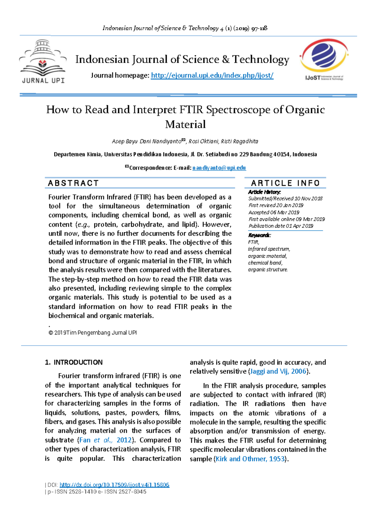 How to Read and Interpret FTIR Spectroscopy of Organic Materials (KIM ...