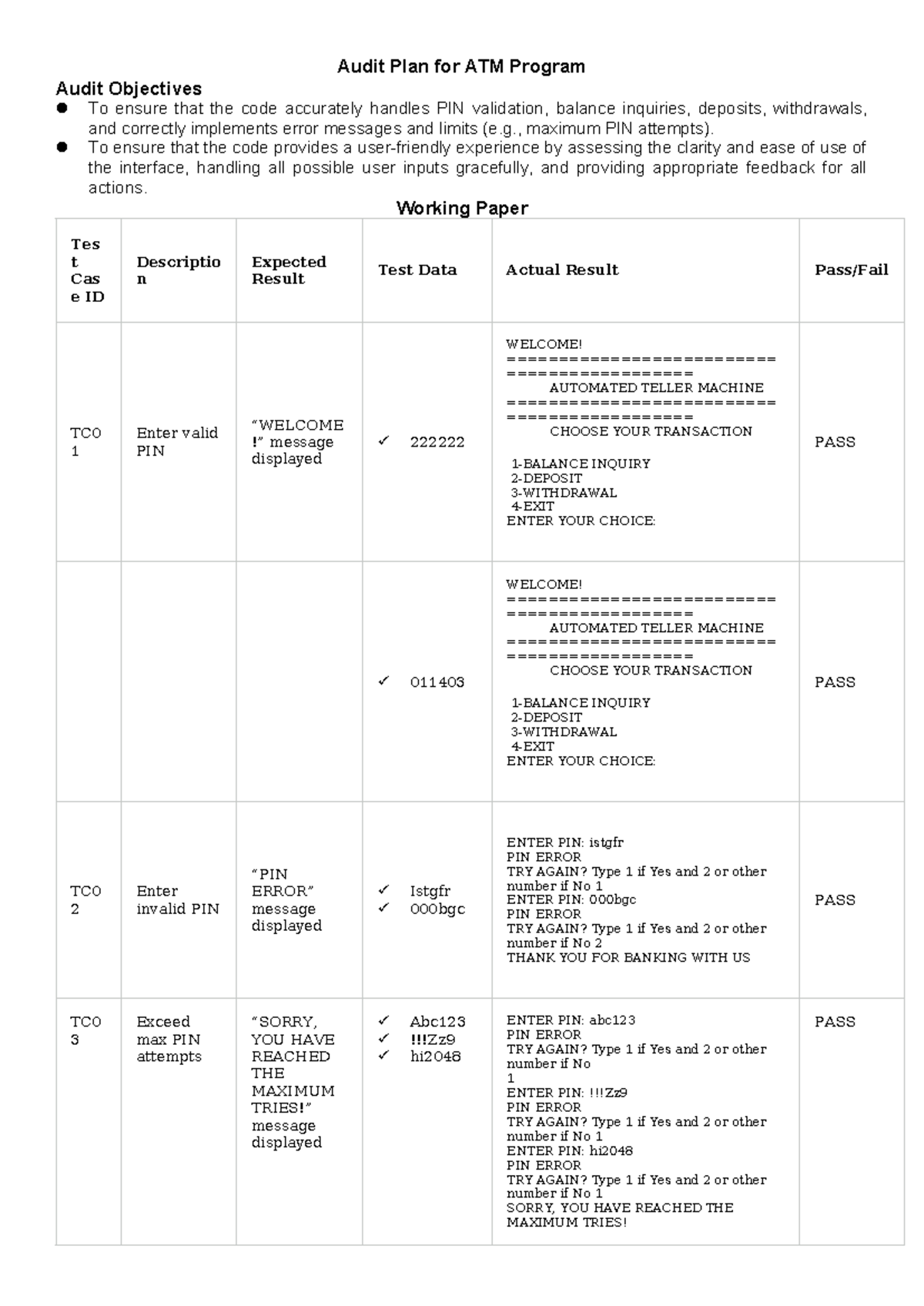 Audit plan - Audit Plan for ATM Program Audit Objectives To ensure that ...