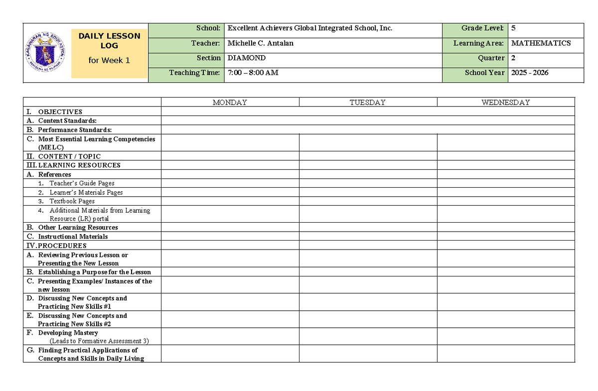 Grade 5 MATH - Daily Lesson Log Template for Week 1 - Studocu