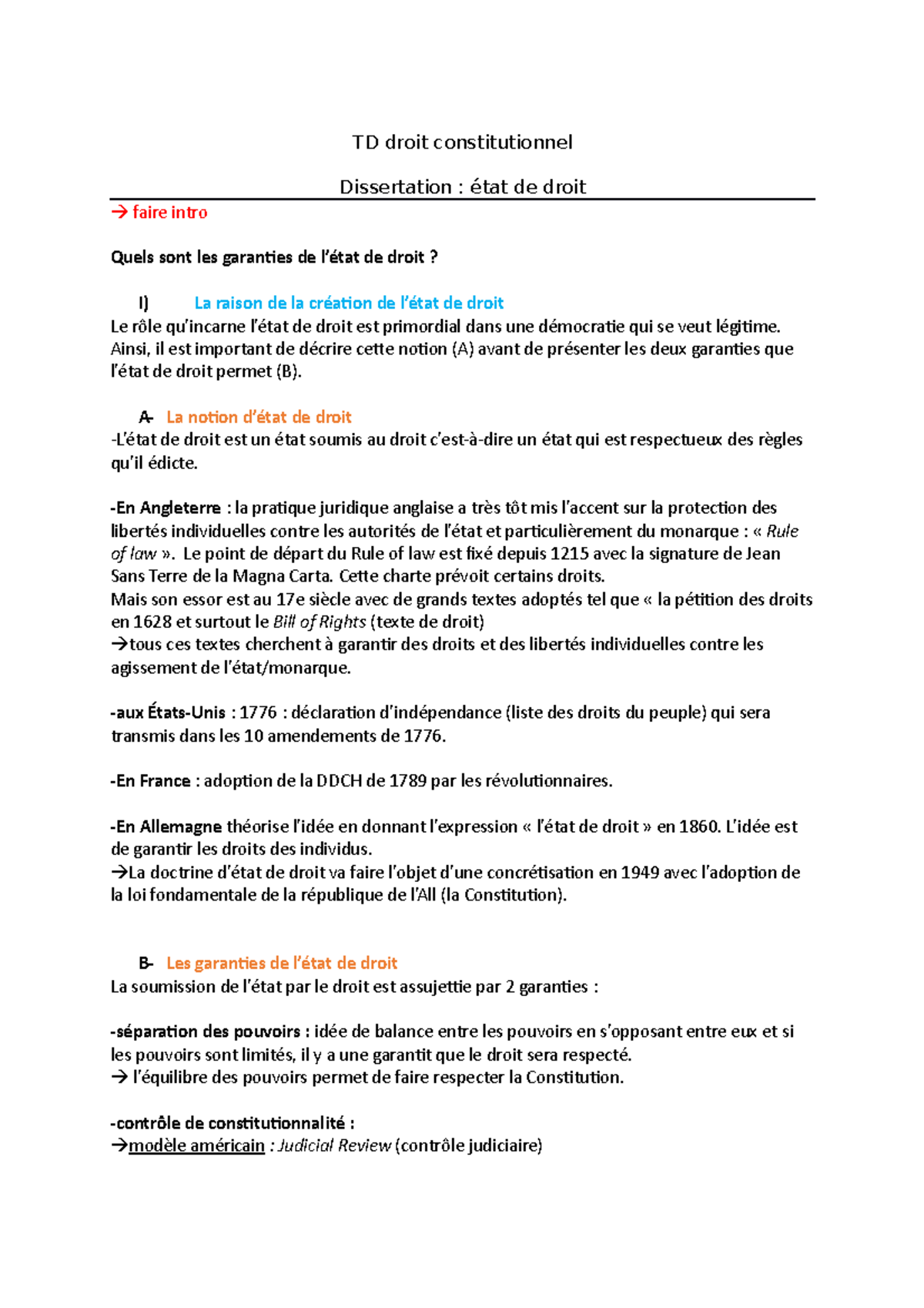 Dissertation TD Droit Constitutionnel : L'État de Droit et ses Garanties - Studocu