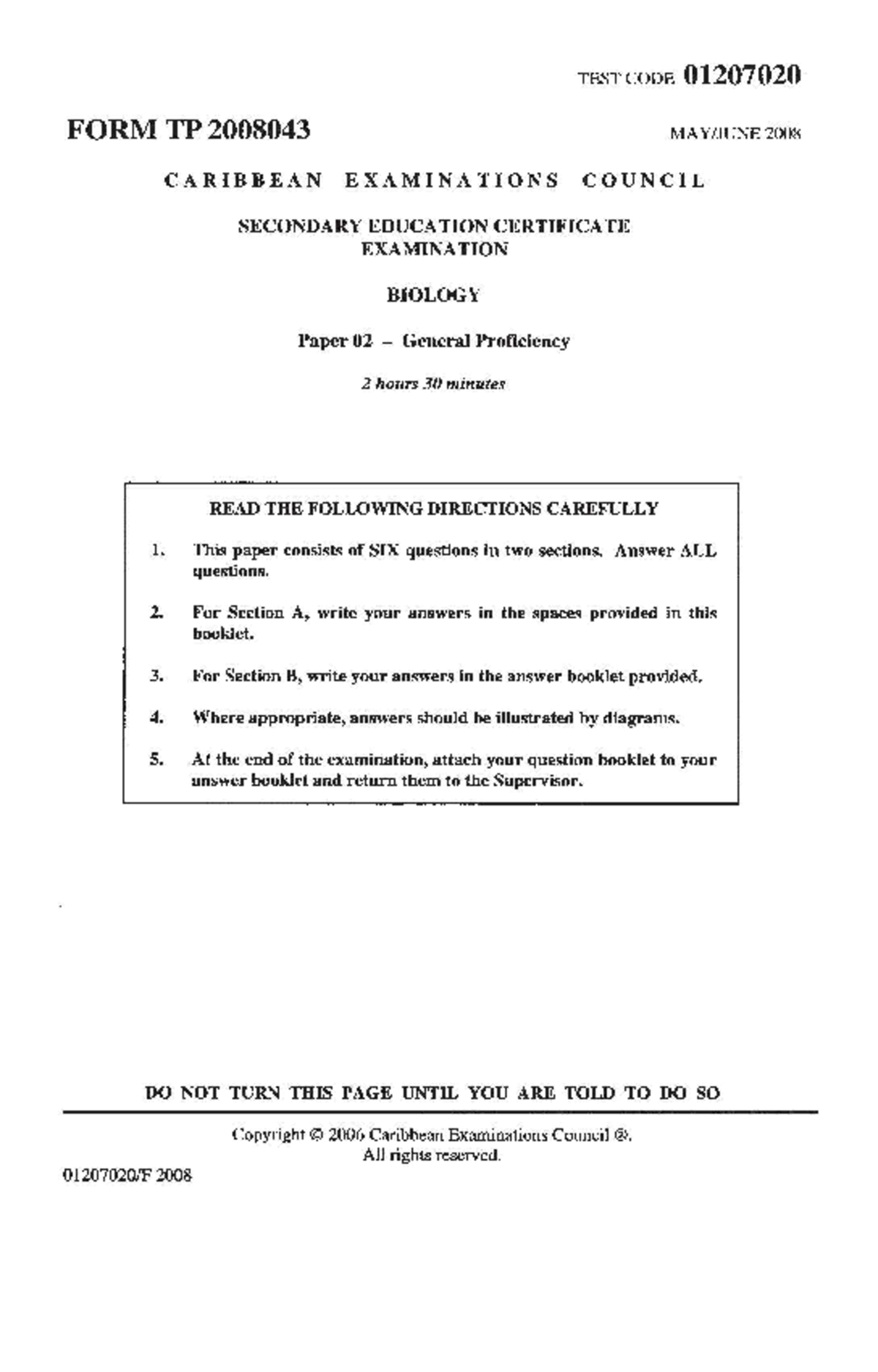 CSEC Biology Paper 02 May/June 2008 Exam Questions & Answers - Studocu