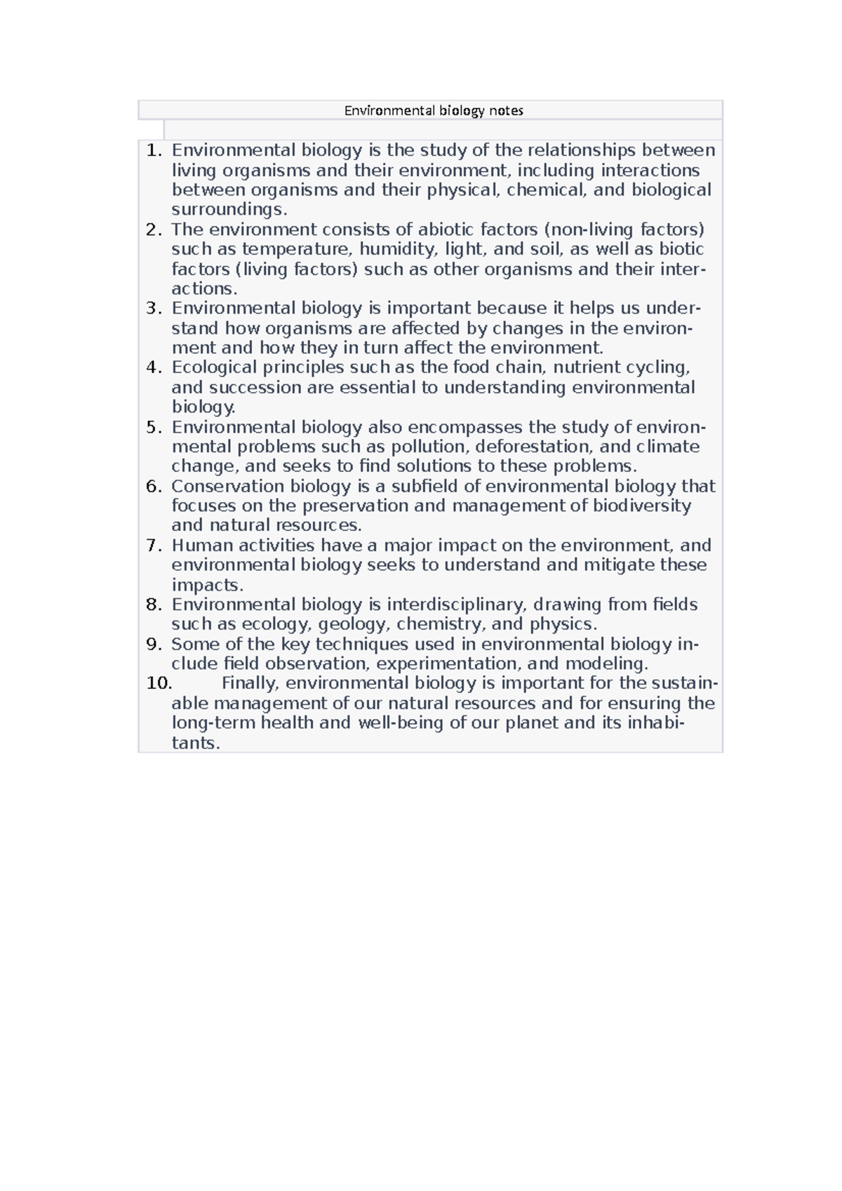 ENV 101: Lecture Notes on Environmental Biology Concepts - Studocu