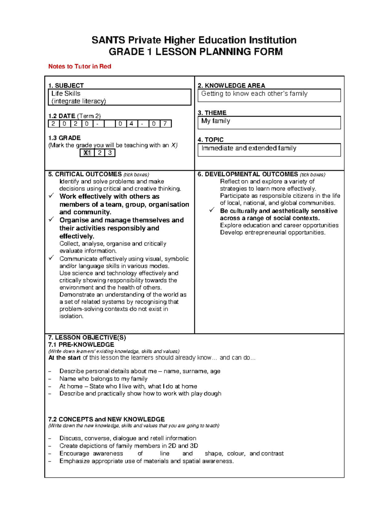 FP Grade 1 Life Skills Lesson Plan: My Family Overview - Studocu