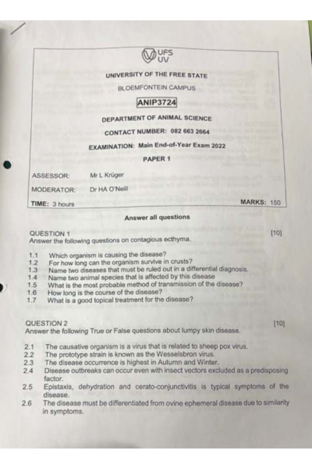 ANIP3724 Main Exam 2022: Animal Science Past Exam Questions - Studocu