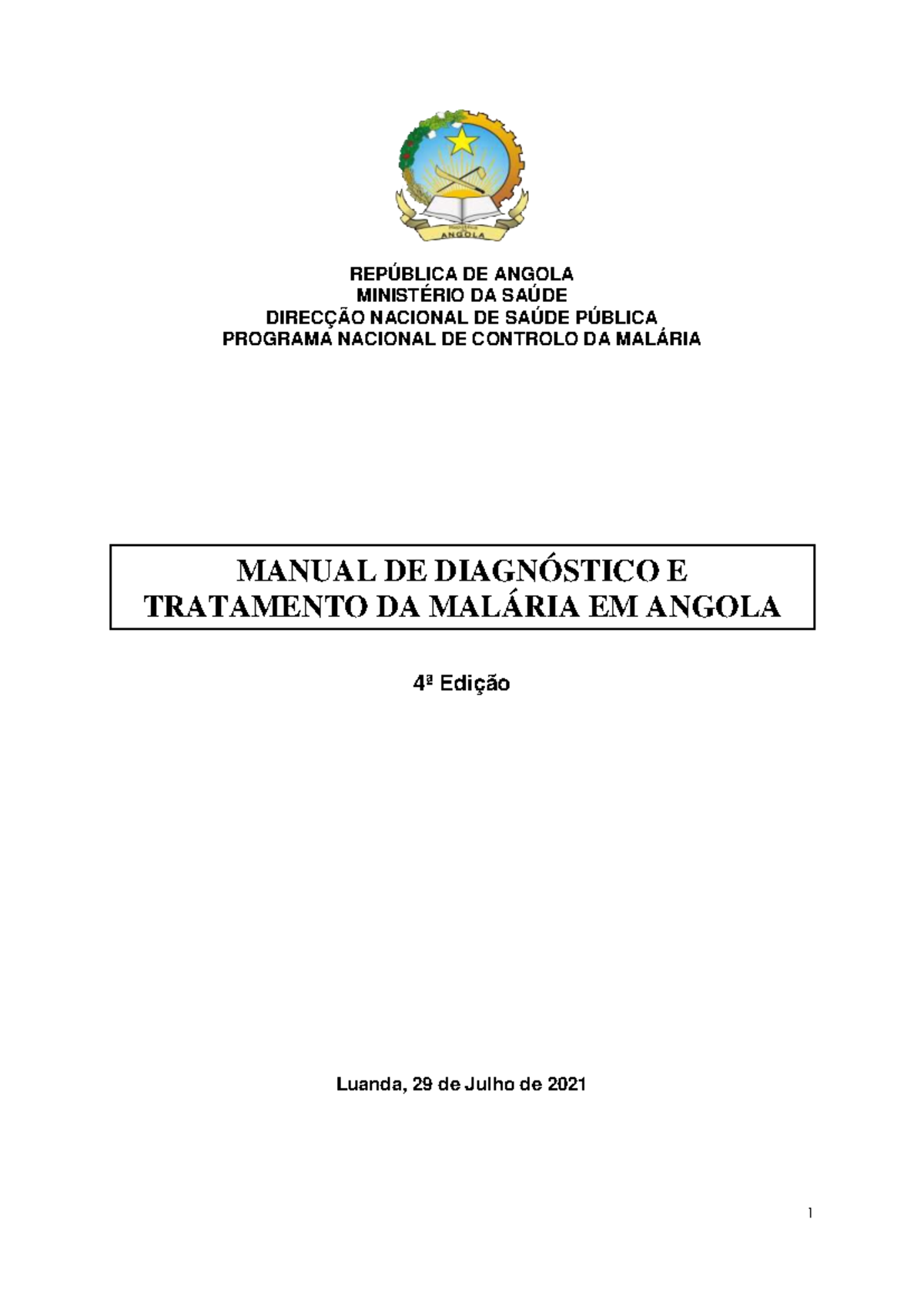 Manual de Diagnóstico e Tratamento da Malária em Angola - PNCM - Studocu
