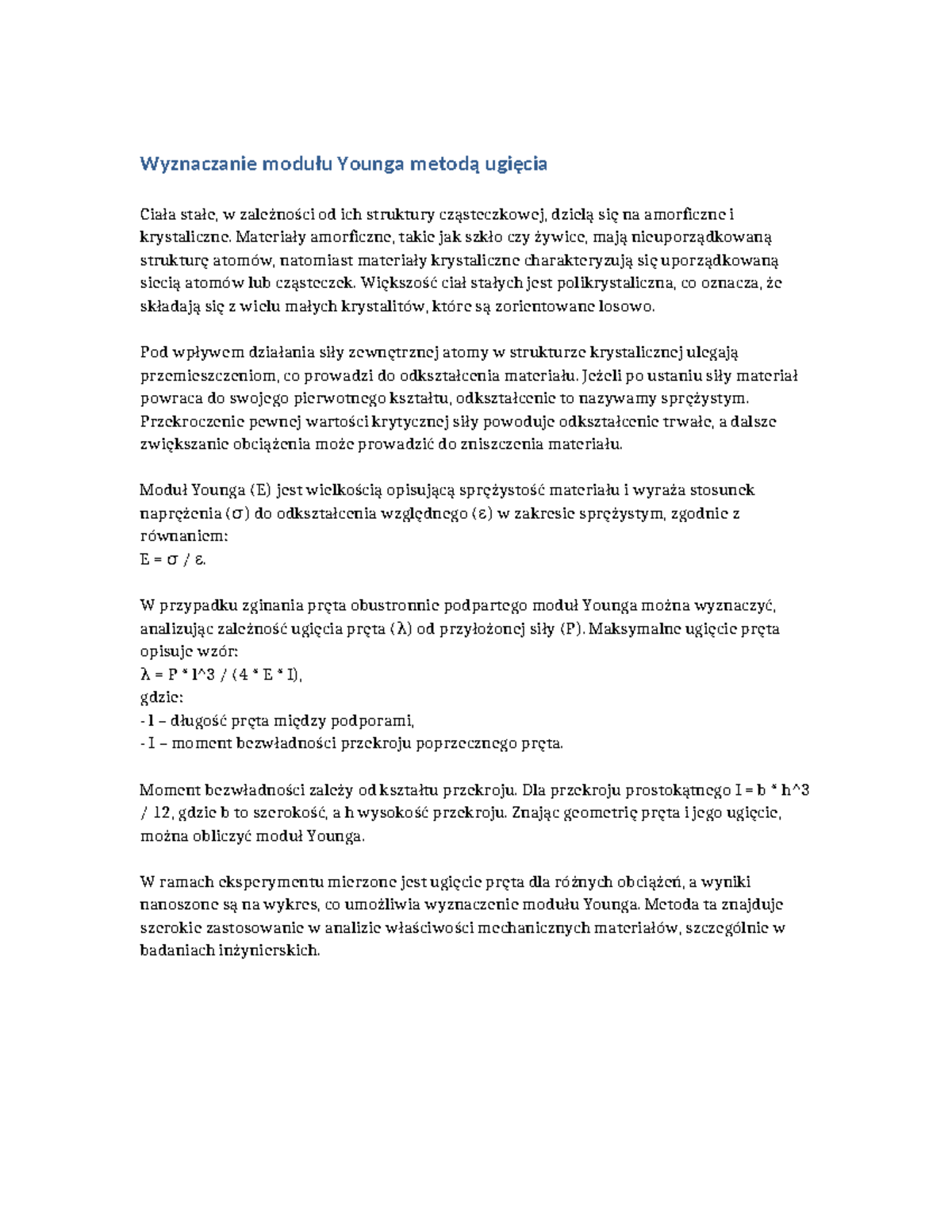 Wyznaczanie modułu Younga metodą ugięcia - wykład 01 - Studocu