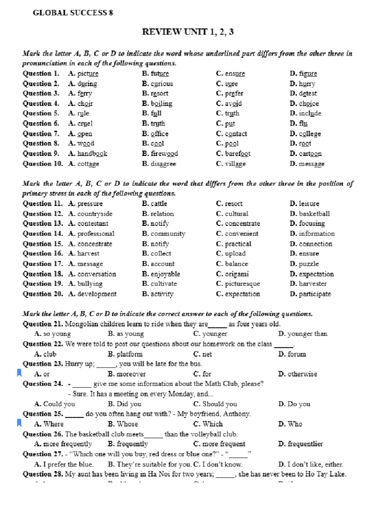 GLOBAL SUCCESS 8 REVIEW: UNITS 1, 2, 3 Practice Questions - Studocu