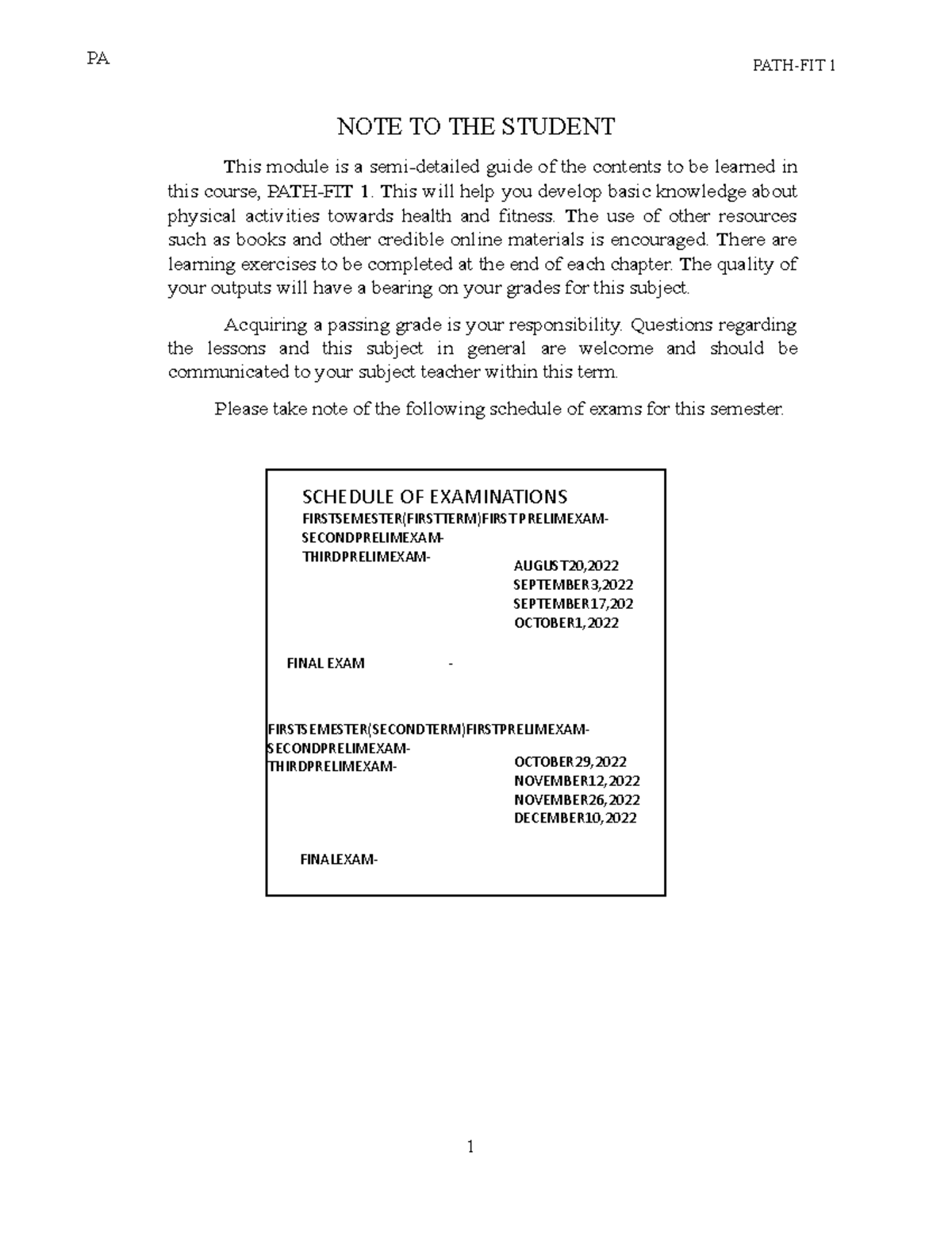 PATH-FIT 1: Comprehensive Exam Schedule and Course Guide - Studocu