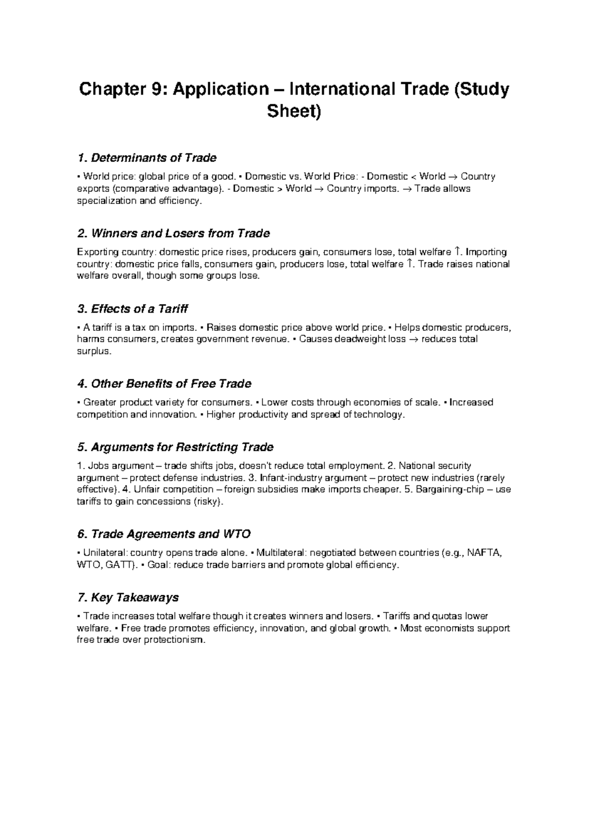 Chapter 9: International Trade Summary Study Sheet - Studocu
